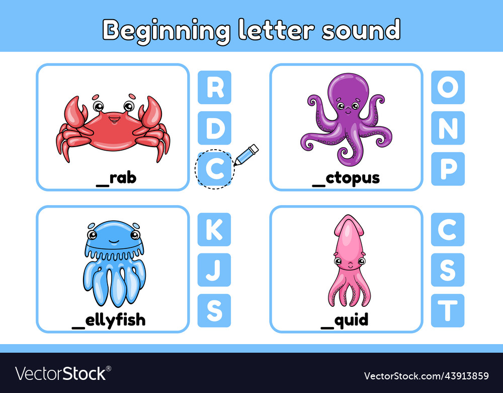 Beginning letter sound sea animals-2 Royalty Free Vector
