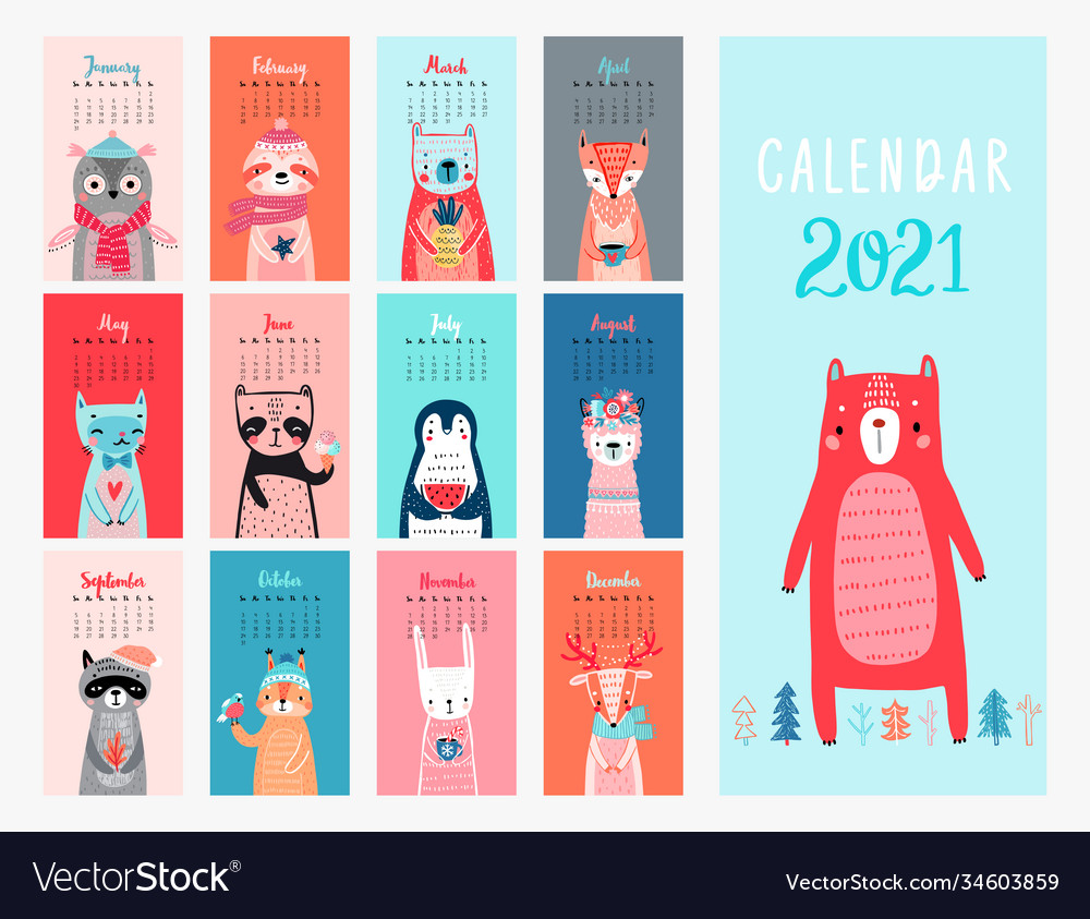 Calendar 2021 monthly with cute animals Royalty Free Vector