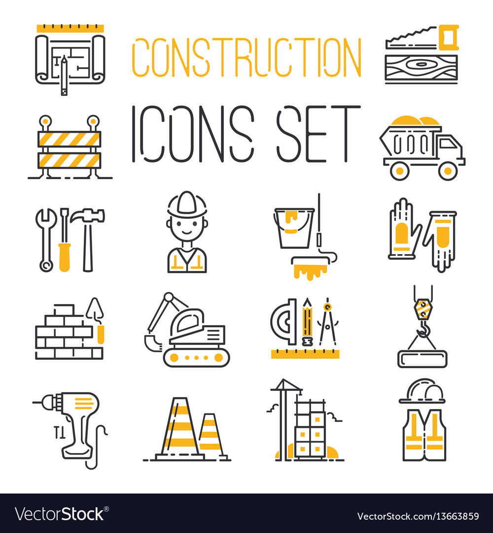 Linear black yellow construction icons set Vector Image