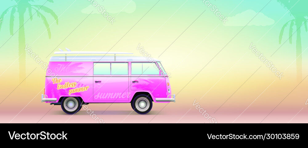 Retro bus with surfboard pink beach van Royalty Free Vector