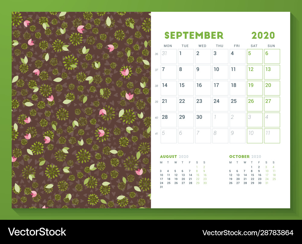 Desk calendar template for september 2020 week Vector Image