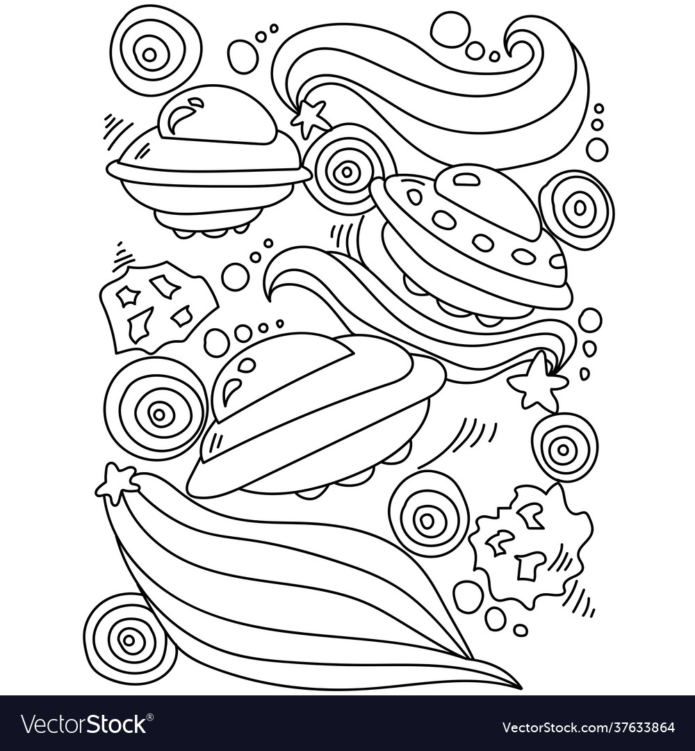 Fantasy ufo in open space coloring page Royalty Free Vector