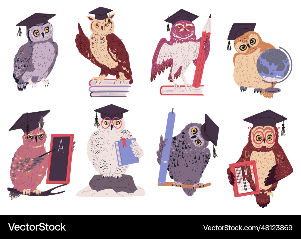 Isolated set of wise owls in various Royalty Free Vector