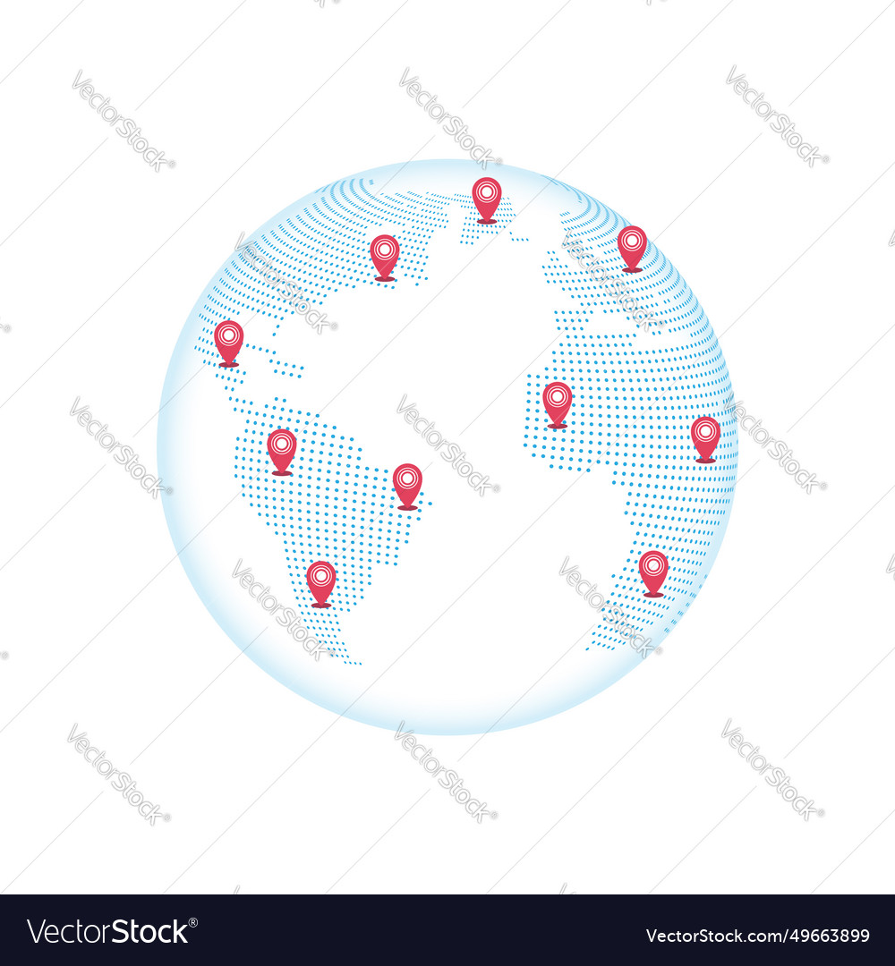 Dotted globe world map with pins pointers Vector Image