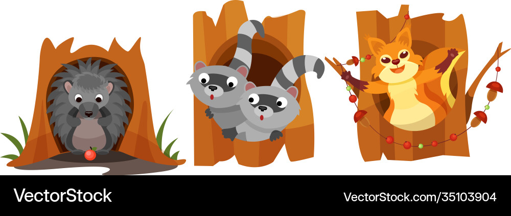 Cute forest animals peepped out from their burrows