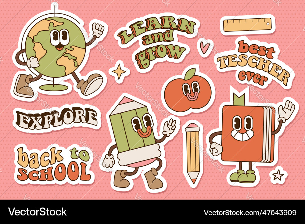 Back to school groovy stickers set in retro Vector Image