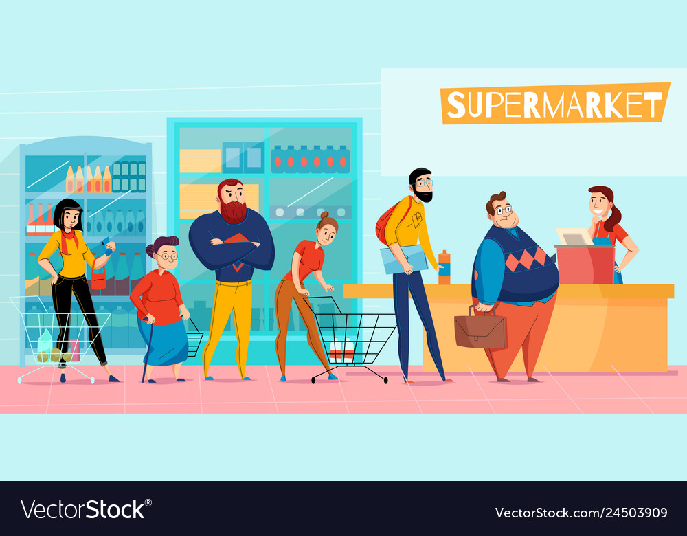 Supermarket queue flat composition Royalty Free Vector Image Supermarket queue flat composition Royalty Free Vector Image