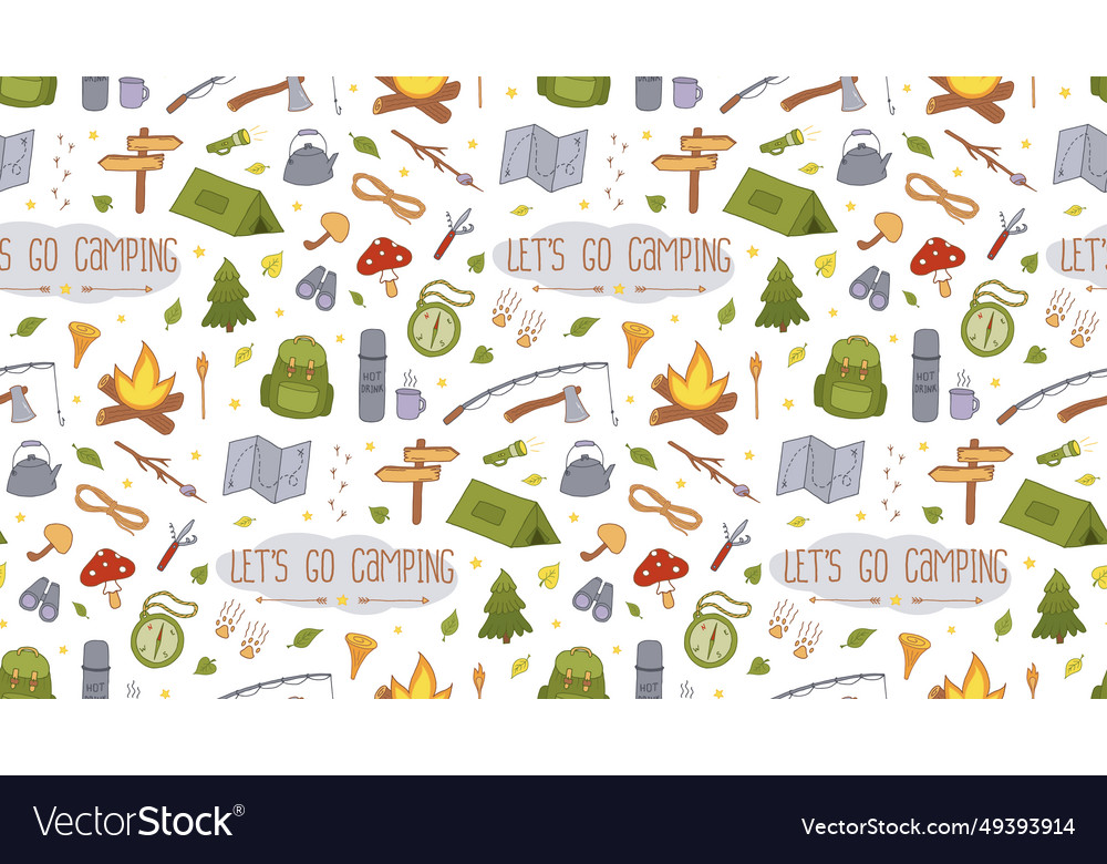 Camping seamless pattern backpacking Royalty Free Vector Camping seamless pattern backpacking Royalty Free Vector