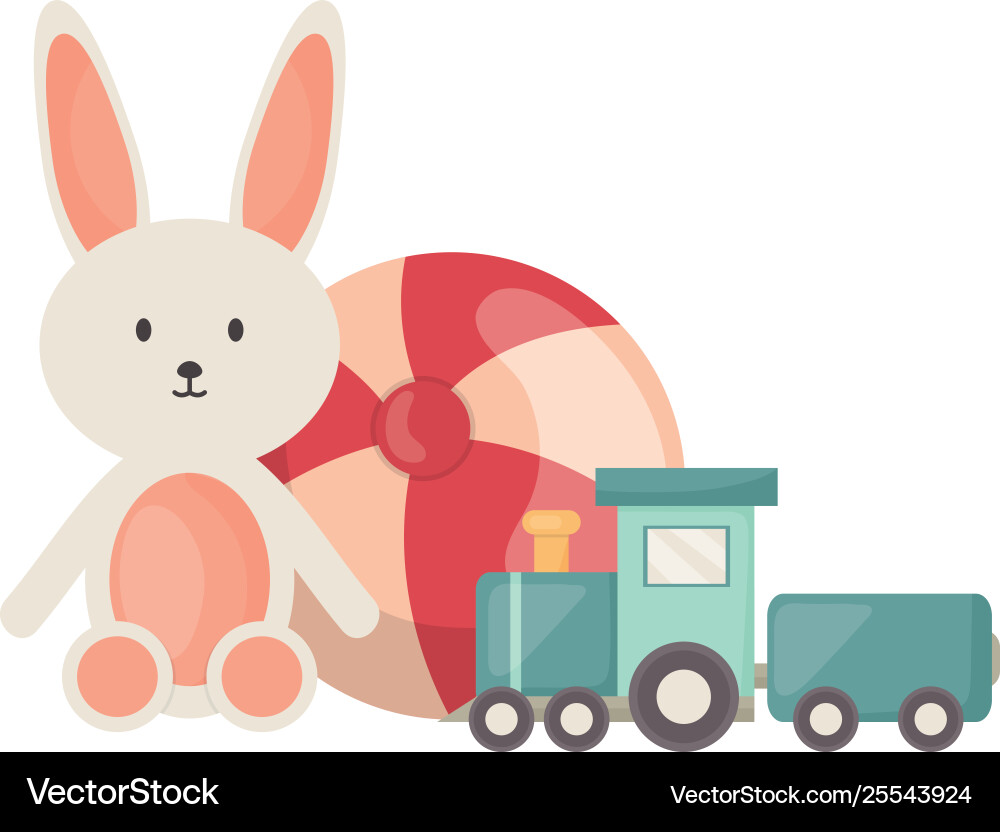 Stuffed bunny with balloon plastic and train Vector Image