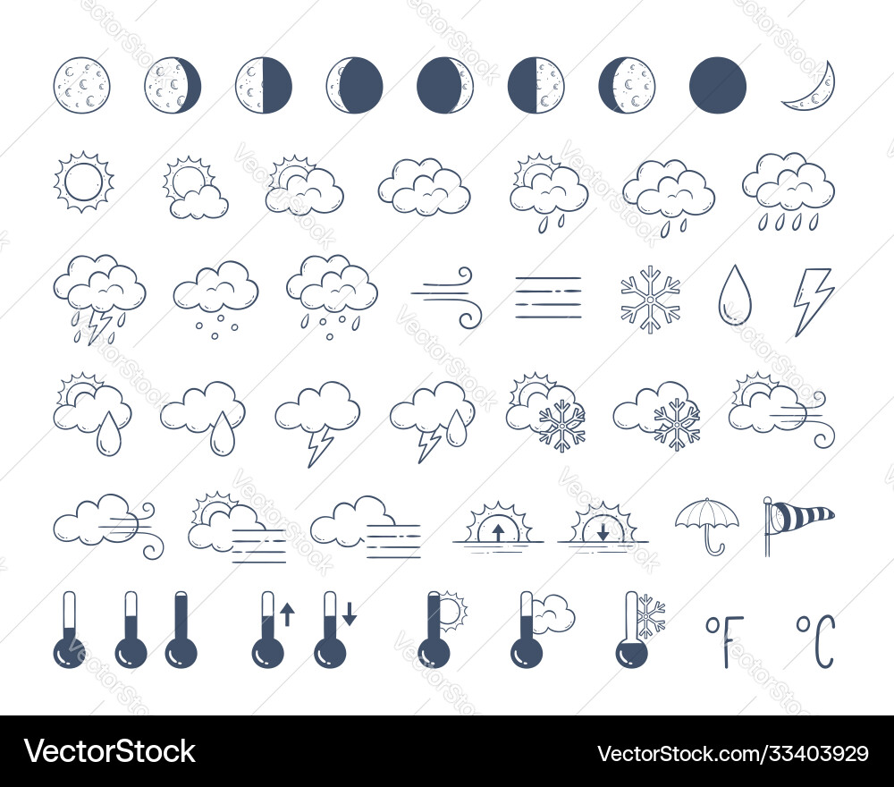 Doodle weather icons pack Royalty Free Vector Image