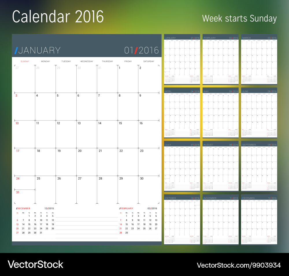 Calendar for 2016 year planner template design Vector Image
