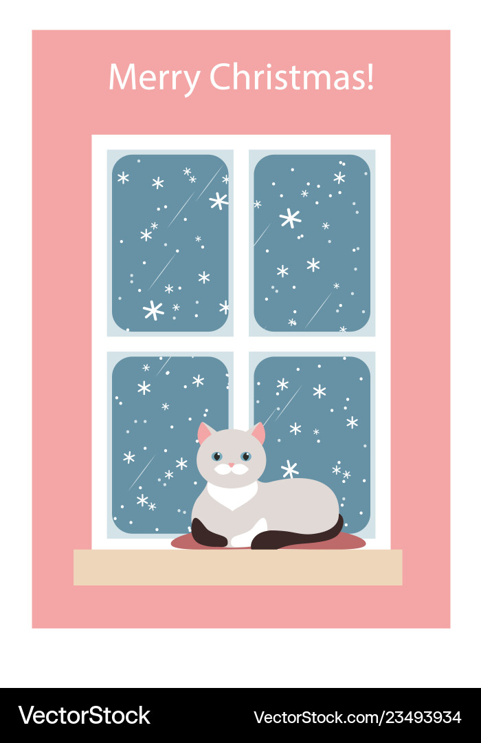 Christmas card with a cat on the window Royalty Free Vector