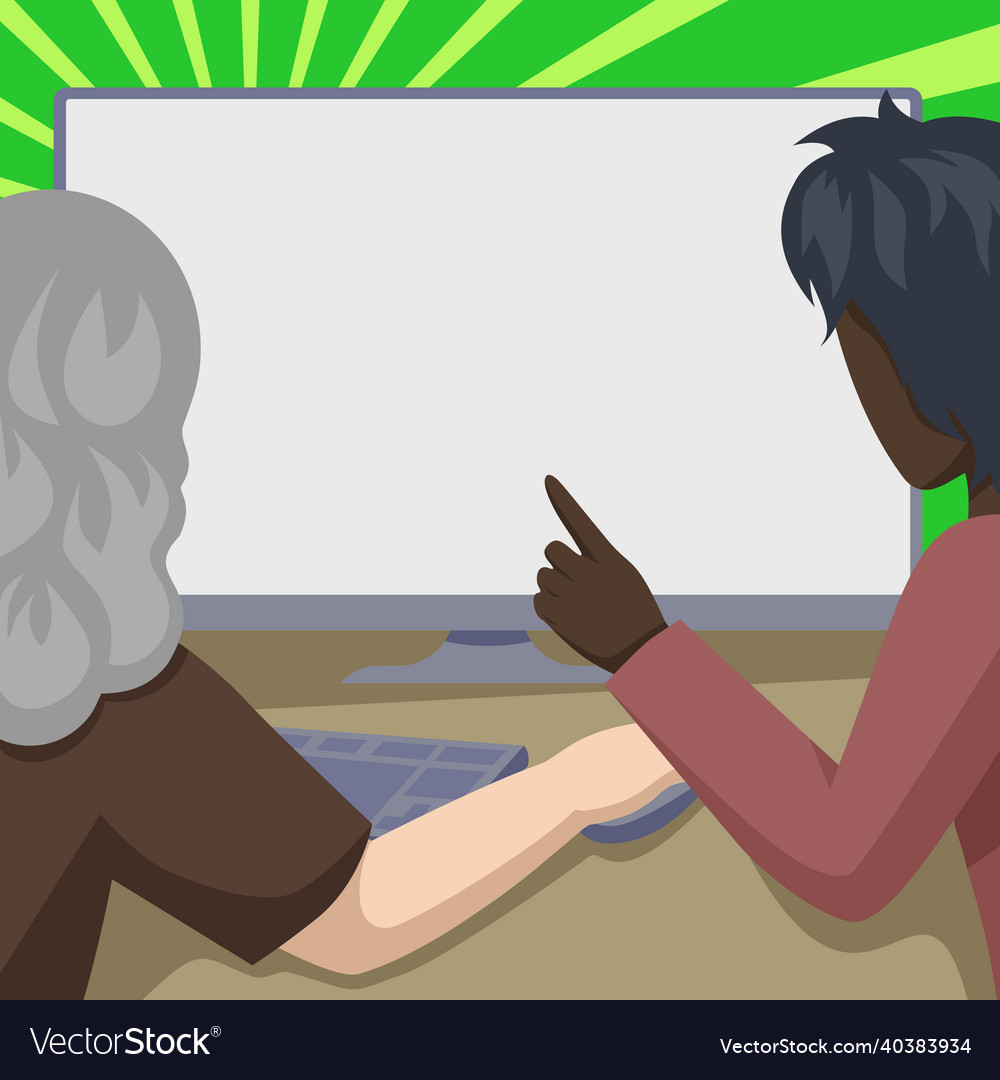 Couple drawing using desktop computer helping Vector Image