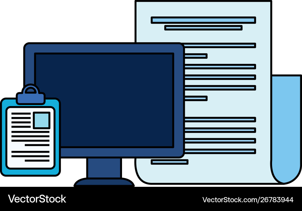 Desktop computer with paper document Royalty Free Vector