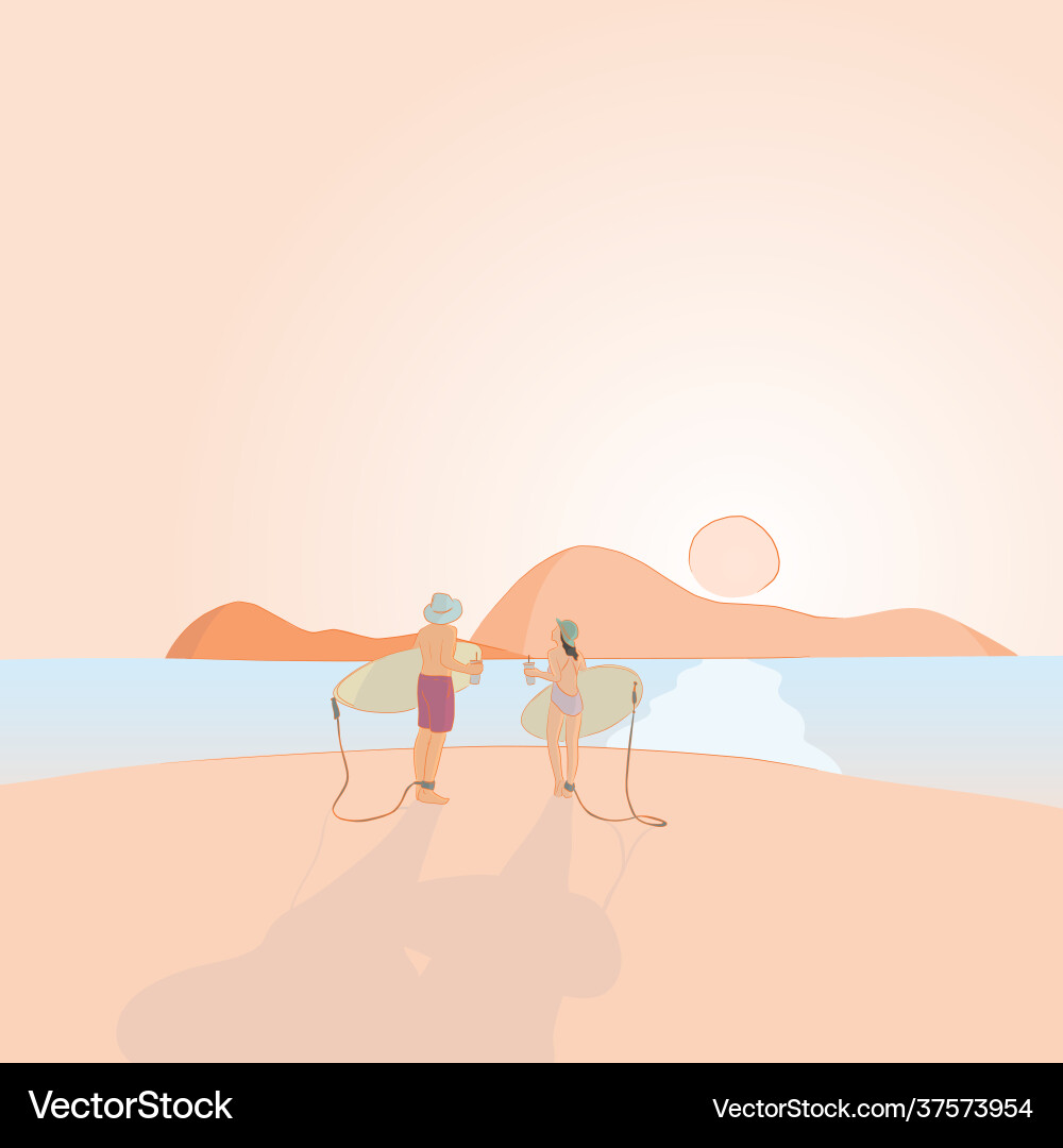 Lovers with their surfboards on beach Royalty Free Vector