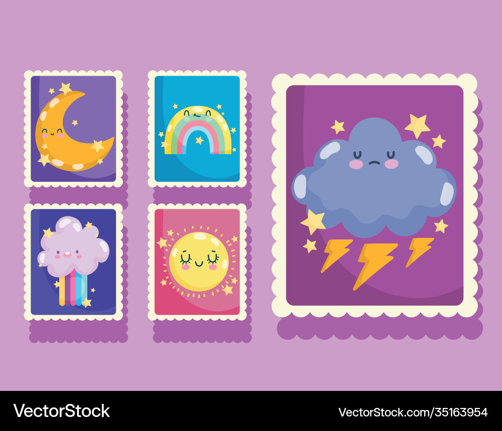 Weather post stamp icons with cute rainbow cloud Vector Image