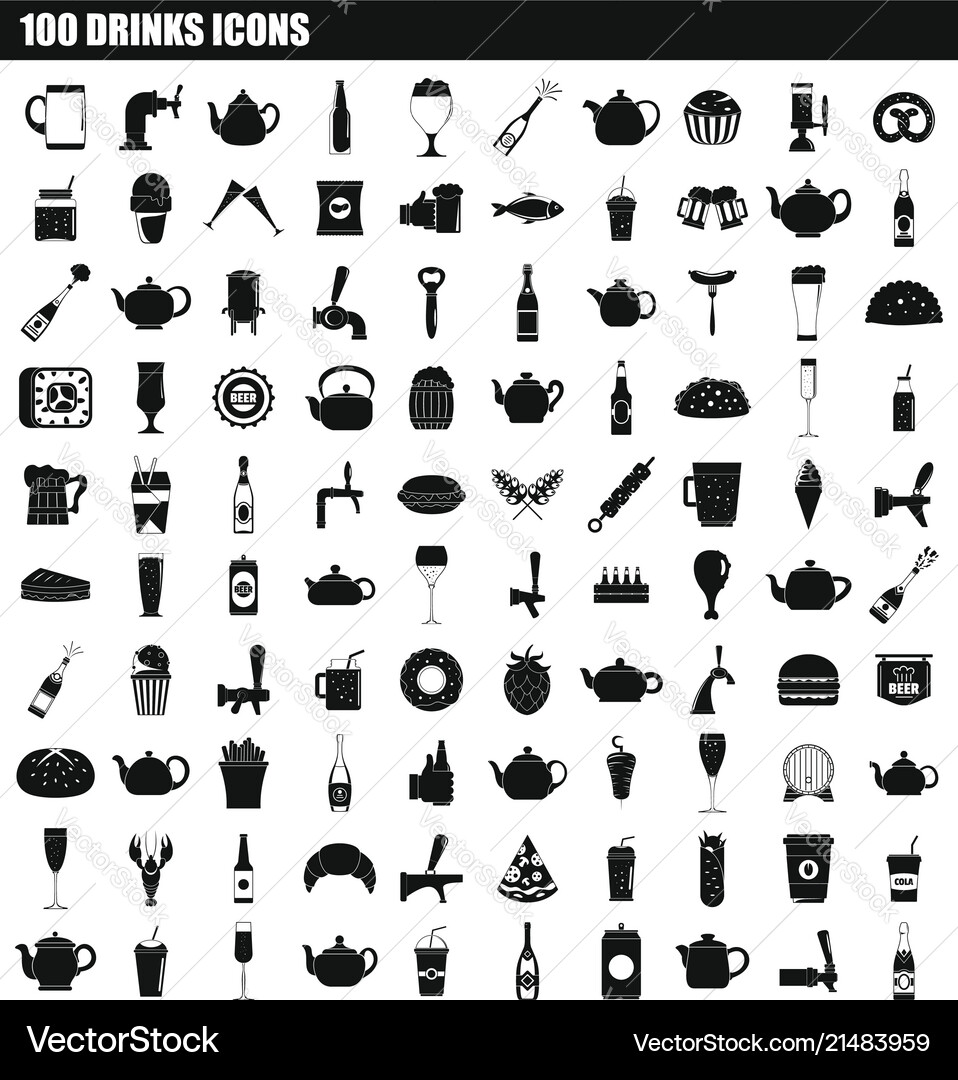 100 drinks icon set simple style Royalty Free Vector Image