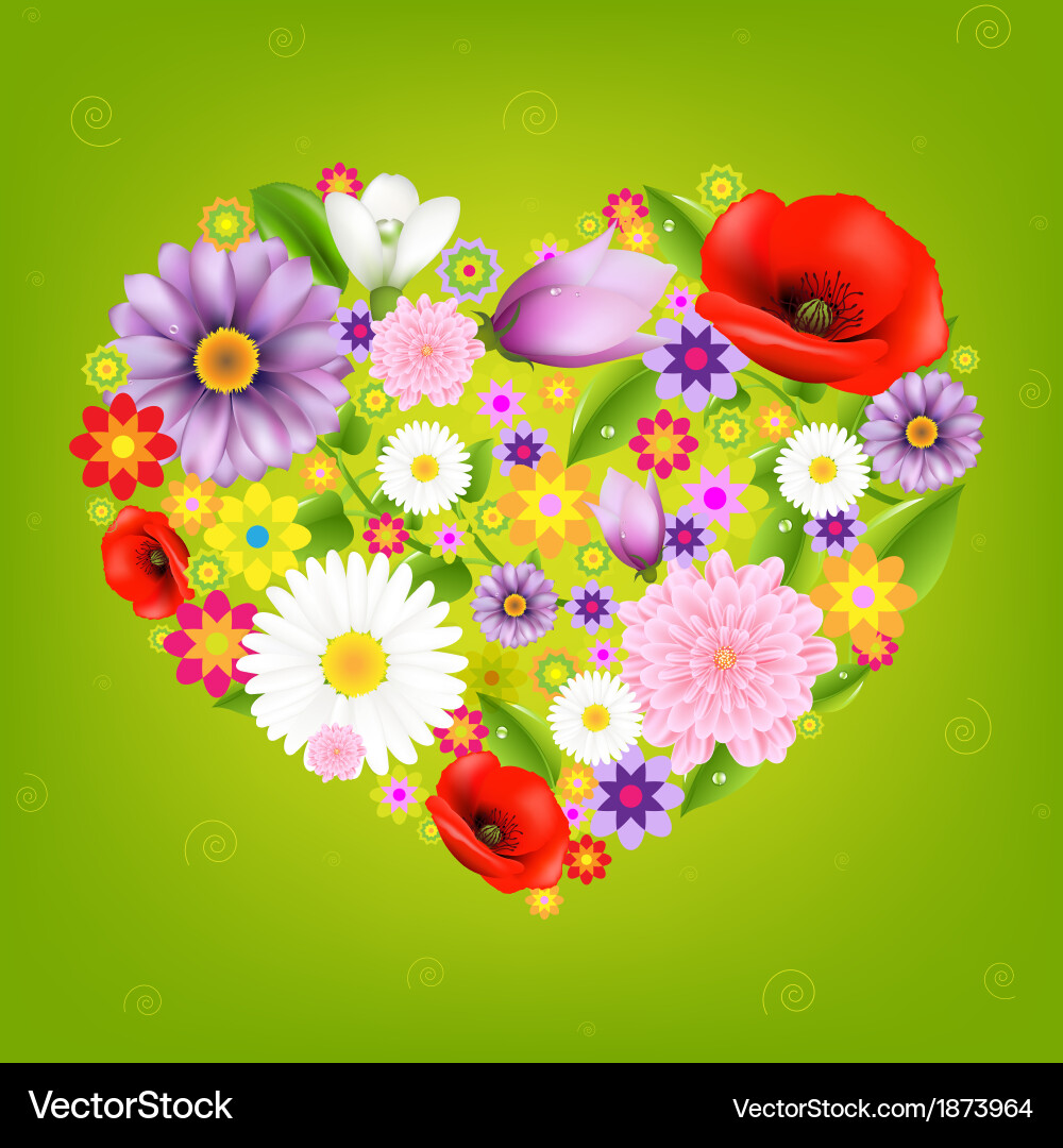 Heart from flowers with green background Vector Image
