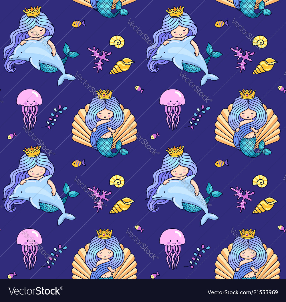 Little mermaid with dolphin jellyfish seashell Vector Image