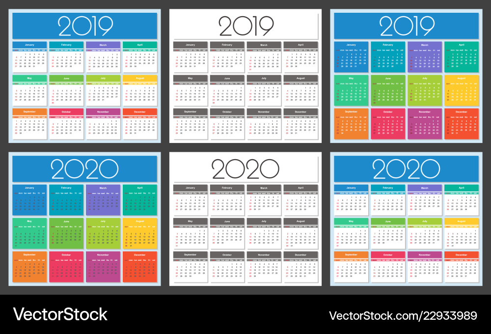 Calendar 2019 and 2020 year Royalty Free Vector Image