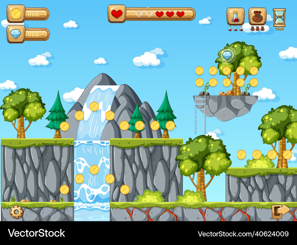 Game template nature forest scene Royalty Free Vector Image