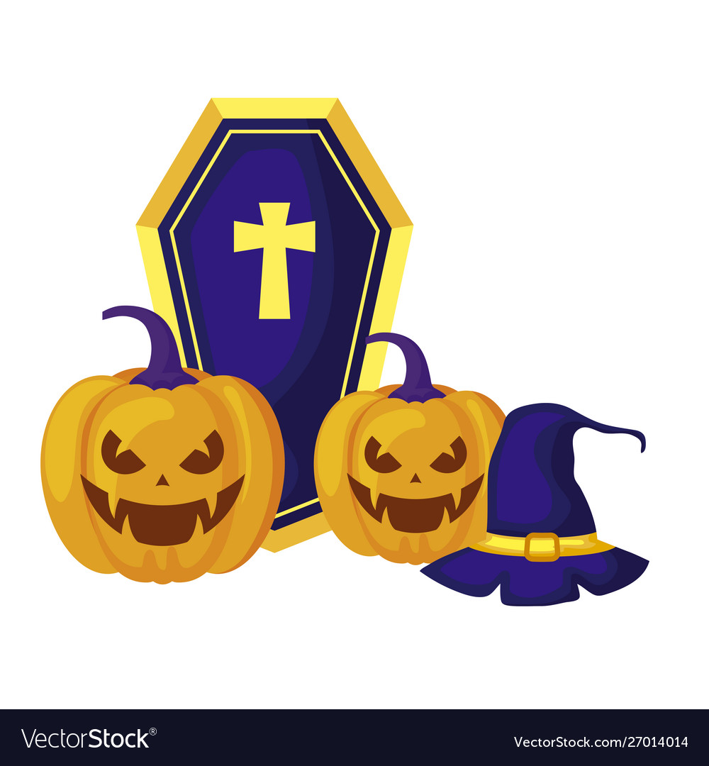 Halloween pumpkins with hat witch and coffin Vector Image