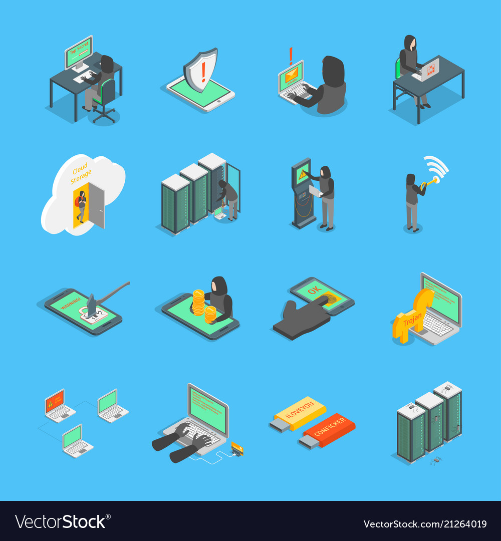 Hacker signs 3d icons set isometric view Vector Image