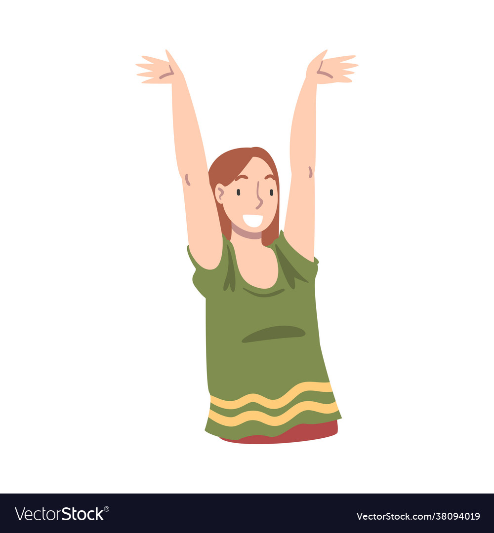 Happy Smiling Girl With Raising Hands Young Vector Image