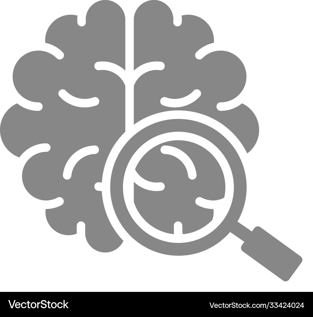 Brain with magnifying glass gray icon organ Vector Image