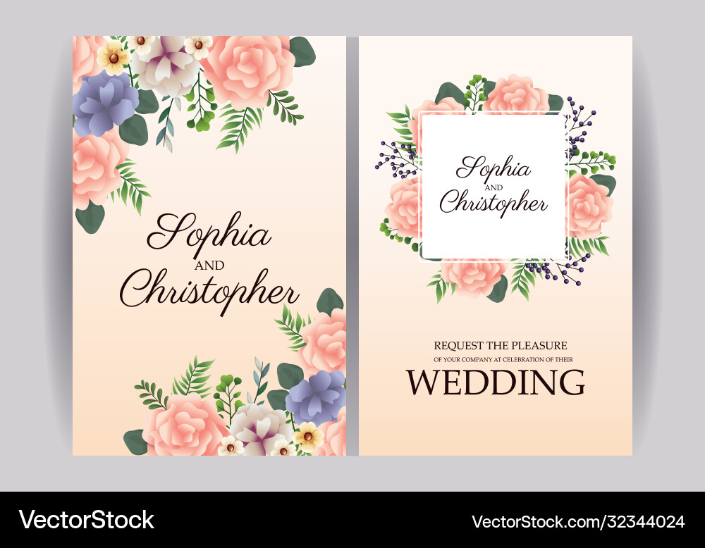 Wedding invitation with squares floral frames Vector Image
