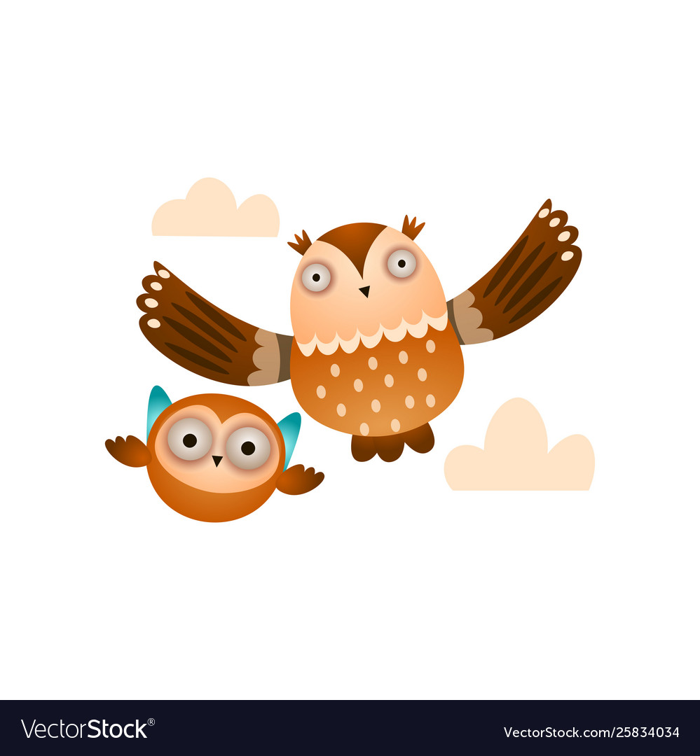 Father owl with his kid flying in cloudy Vector Image