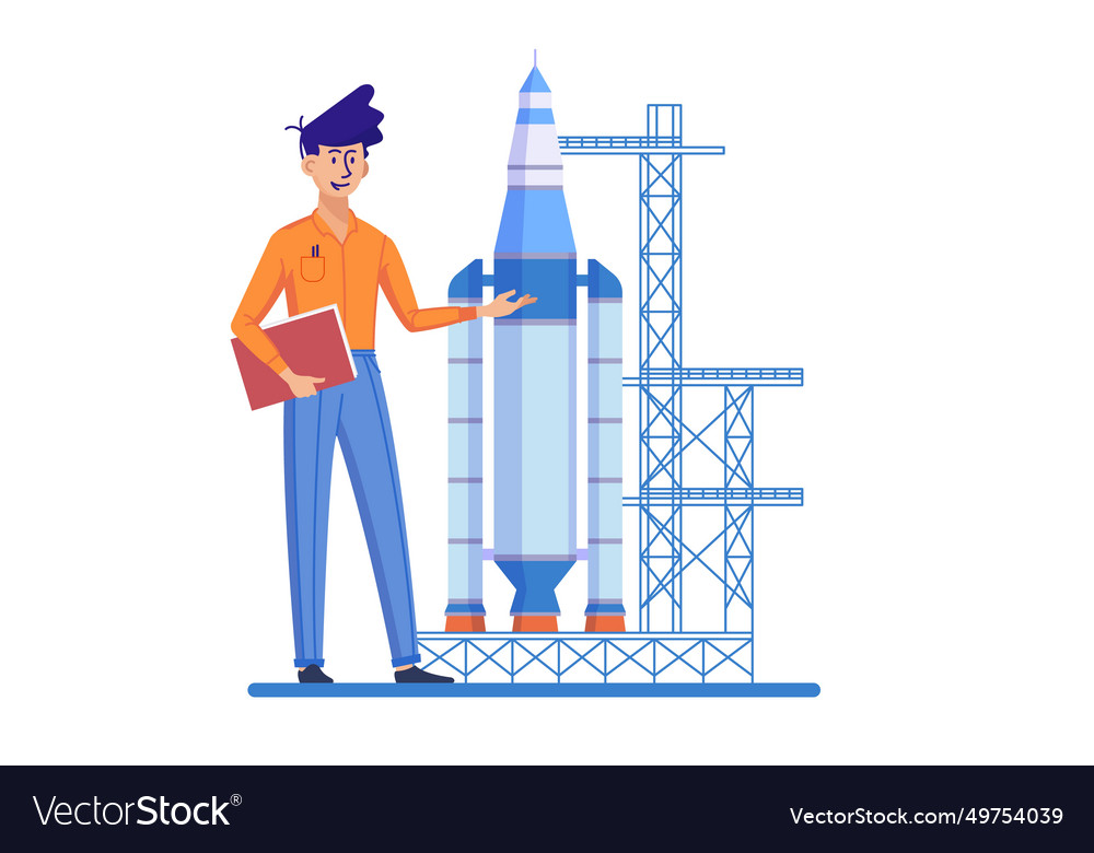 Engineer presenting rocket Royalty Free Vector Image