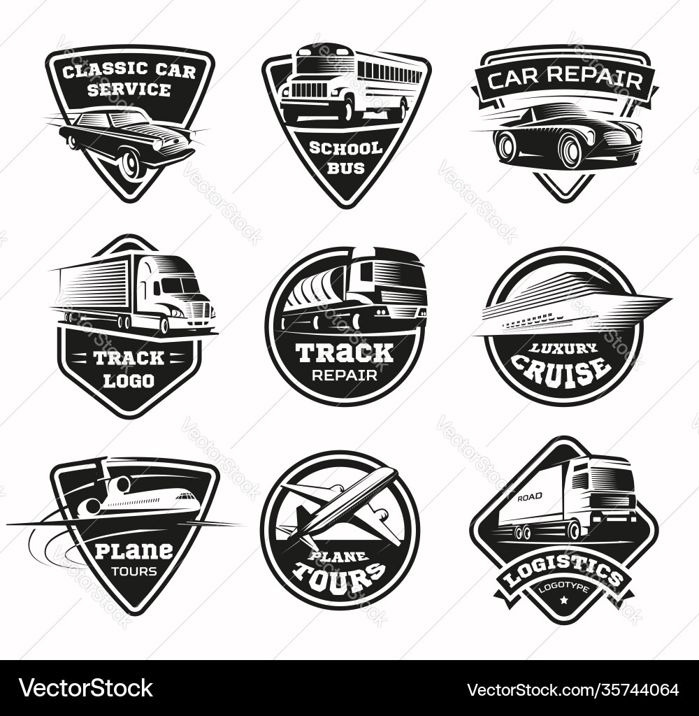 Transport modes monochrome emblem set Royalty Free Vector