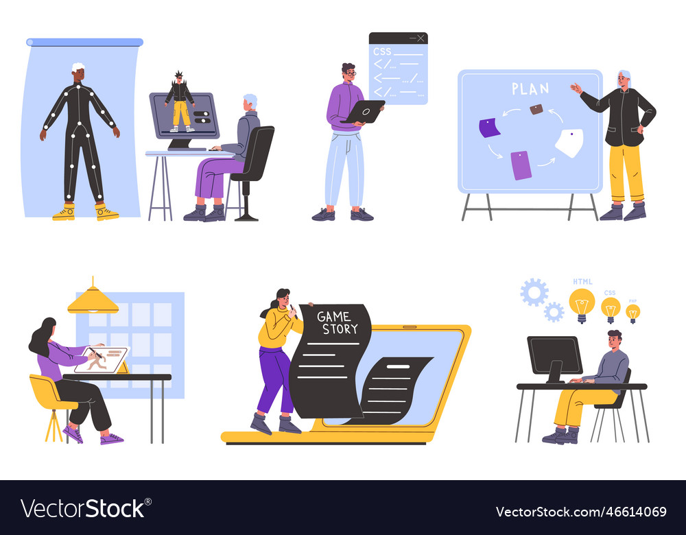 Gaming development specialists team creating Vector Image