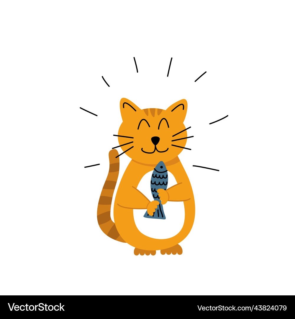 Happy cat with fish kitten flat cartoon Royalty Free Vector