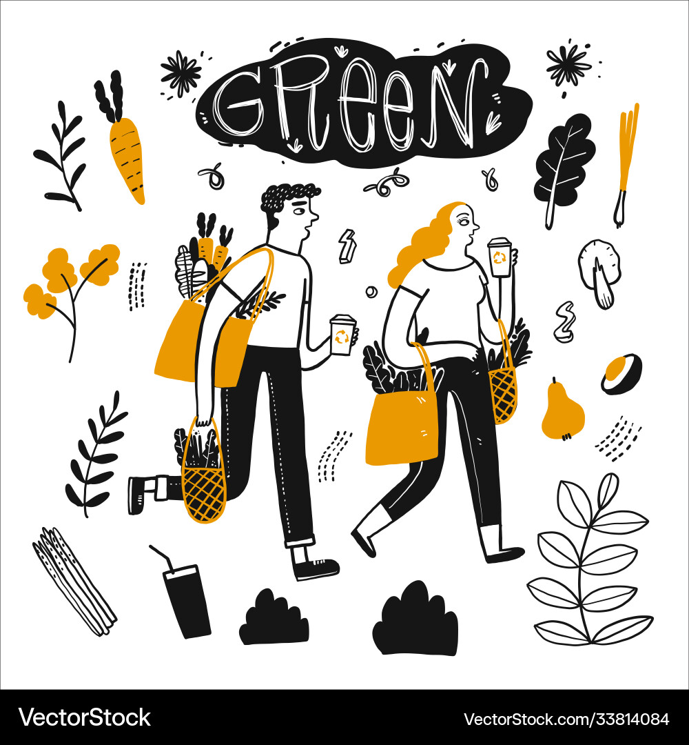 Hand drawing green concept people holding cloth Vector Image