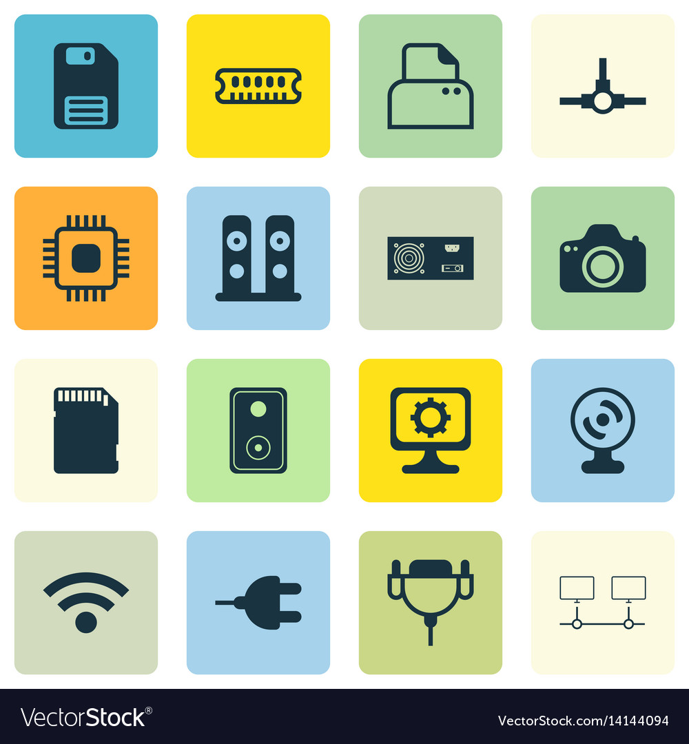 Set of 16 computer hardware icons includes Vector Image