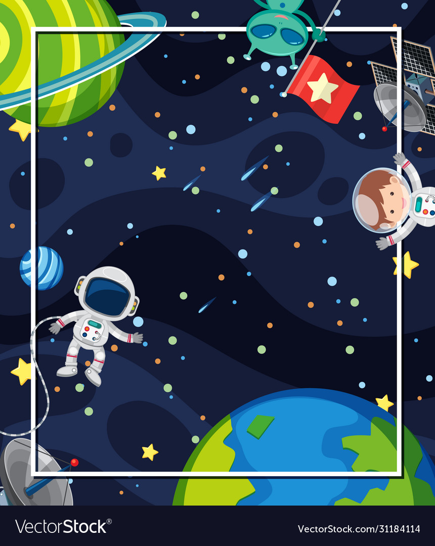 Frame design with many planets and astronauts in Vector Image