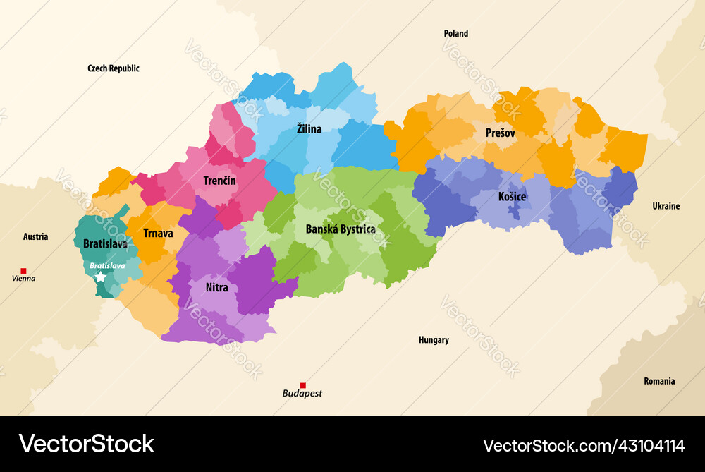 Map of districts hungary colored by counties Vector Image