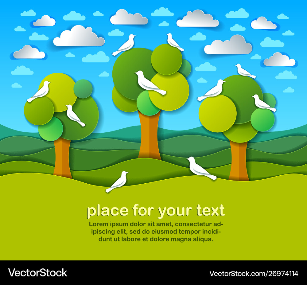 Three trees with birds in field scenic nature Vector Image