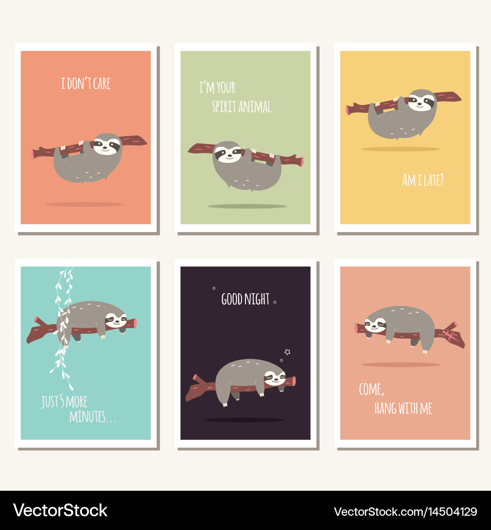 Collection six greeting cards with cute sloth Vector Image