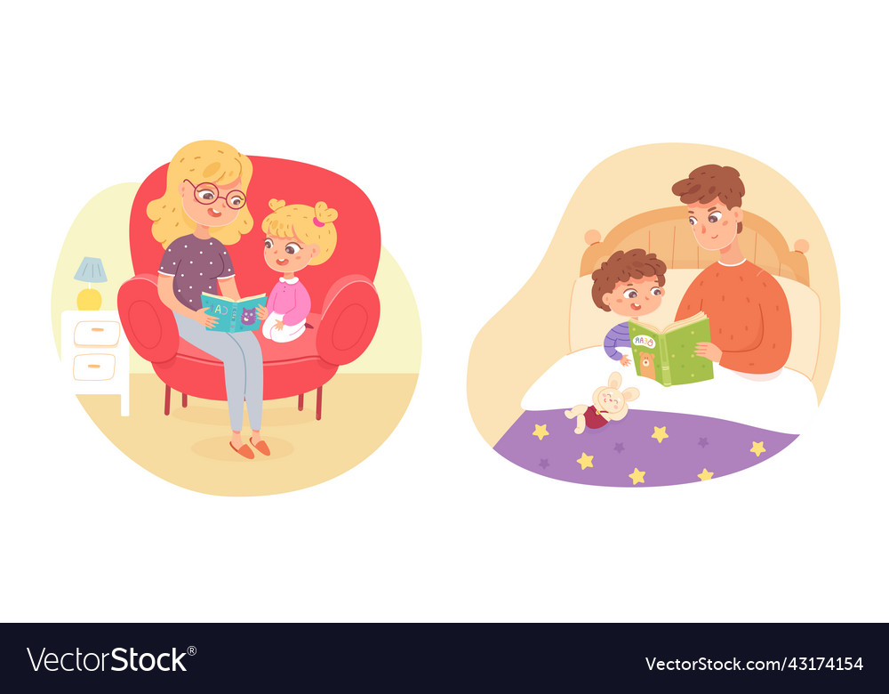 Parents and kids read book set mom reading Vector Image
