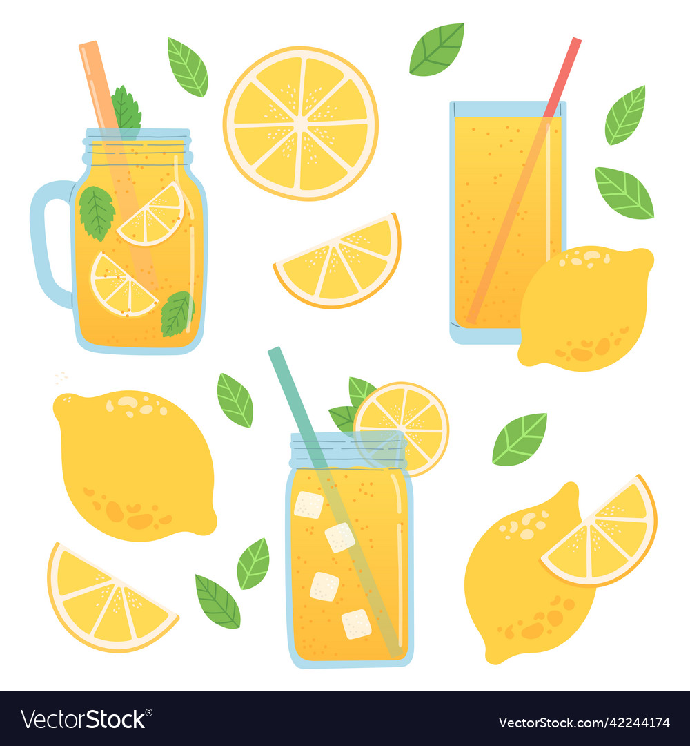 Lemon summer set with lemonade flat design Vector Image