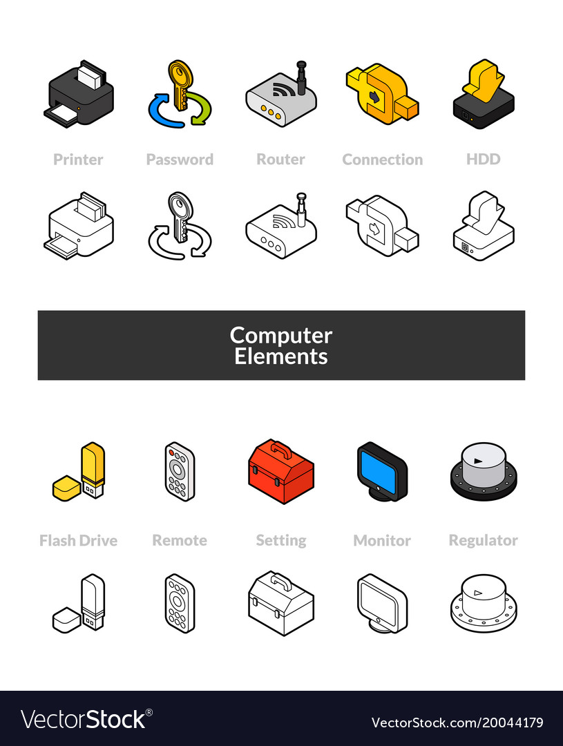 Set of isometric icons in outline style colored Vector Image