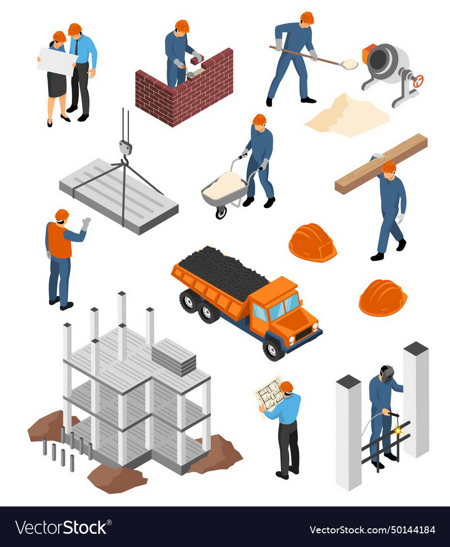 Set of isometric icons architects with blueprints Vector Image