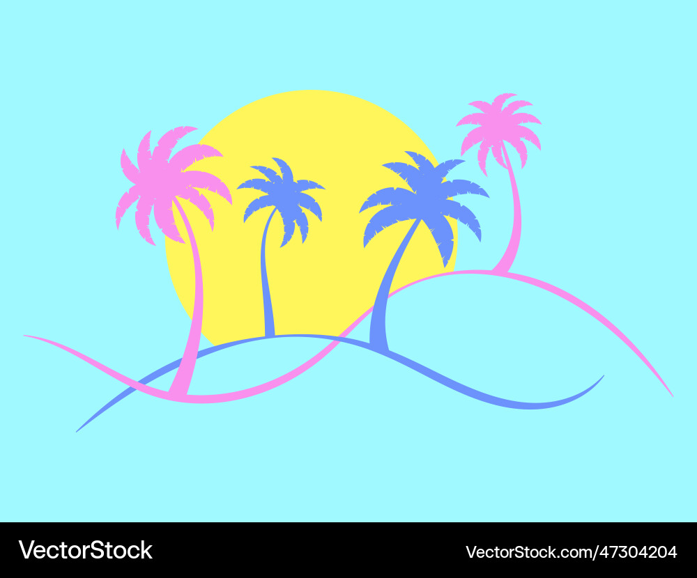 Palm trees on a wavy landscape in linear style Vector Image