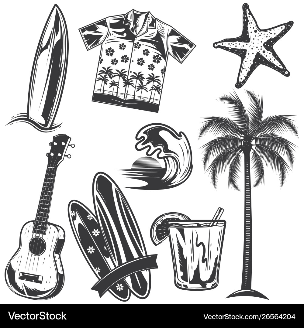 Set surfing elements Royalty Free Vector Image