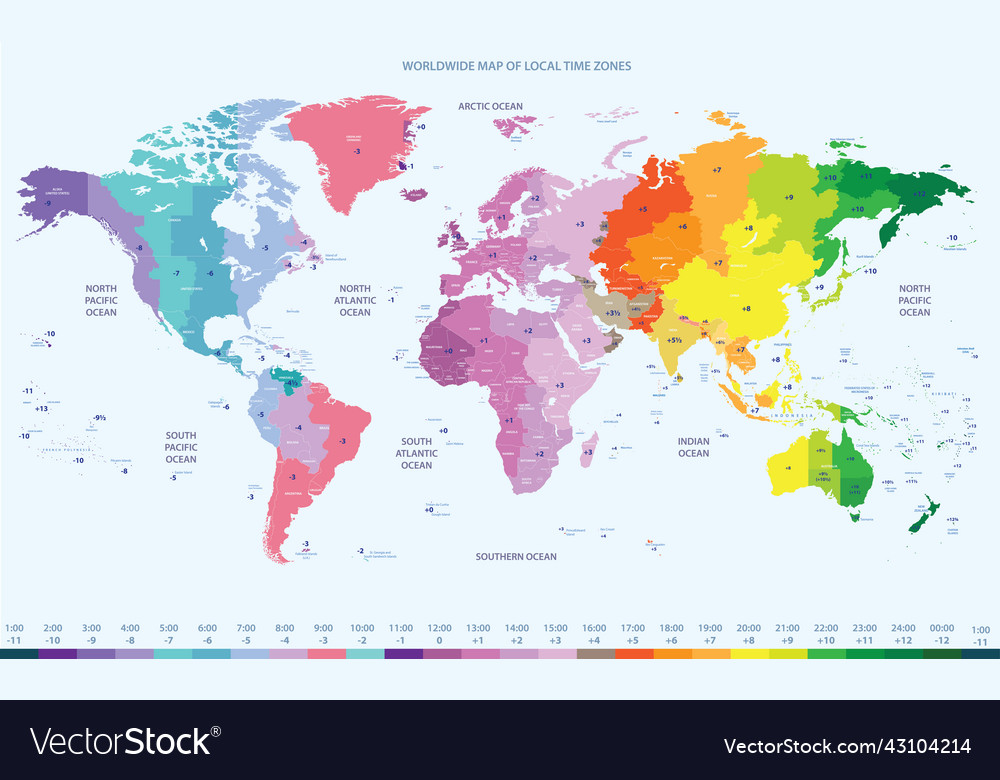 Color Worldwide Map Of Local Time Zones Royalty Free Vector
