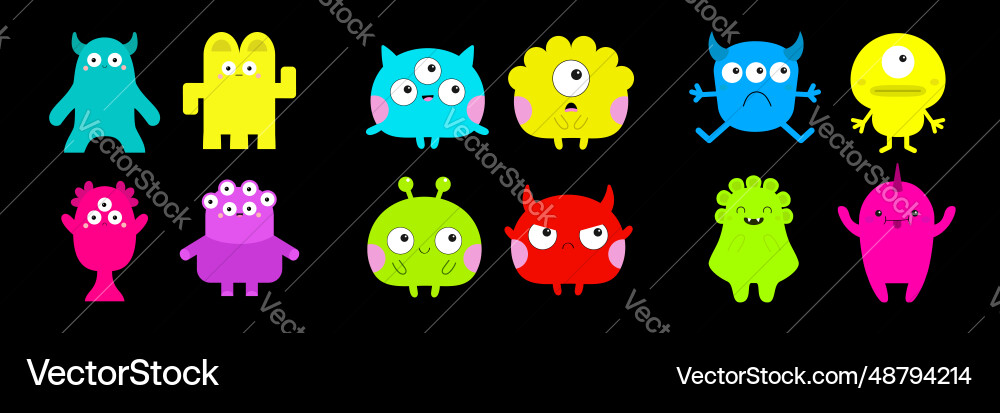 Monster set cute face head happy halloween Vector Image
