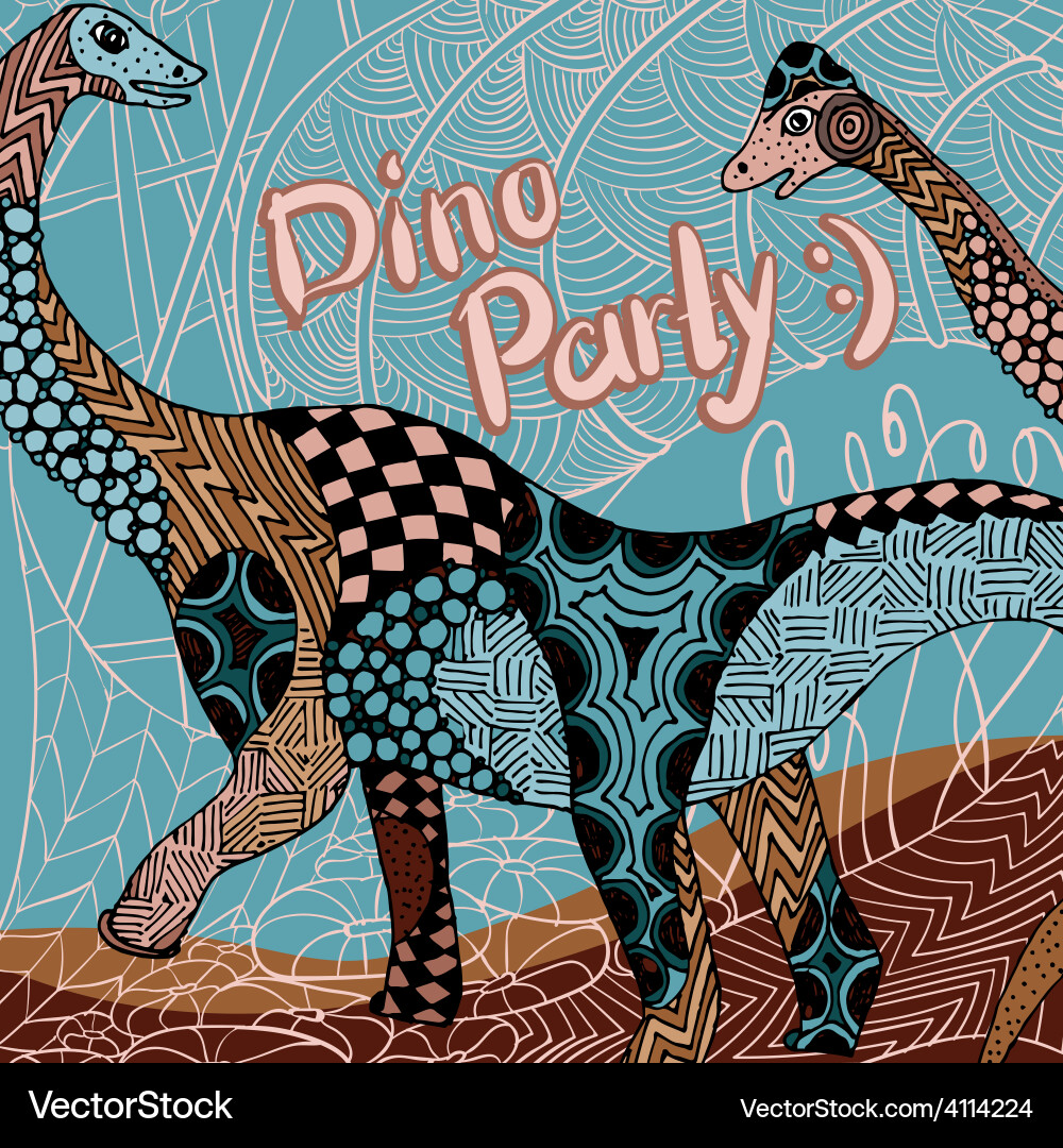 Dino party decorative card with zentangle elements